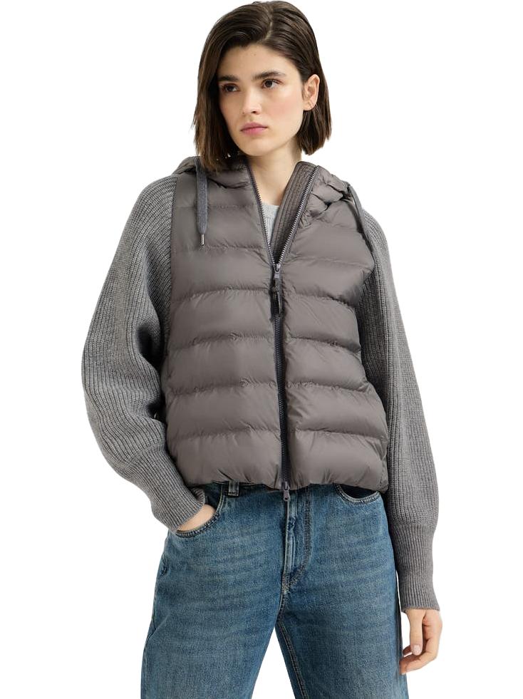 BRUNELLO CUCINELLI Brunello Cucinelli Water-Resistant Matte Nylon Hooded Down Jacket with Monili and Virgin Wool Sleeves